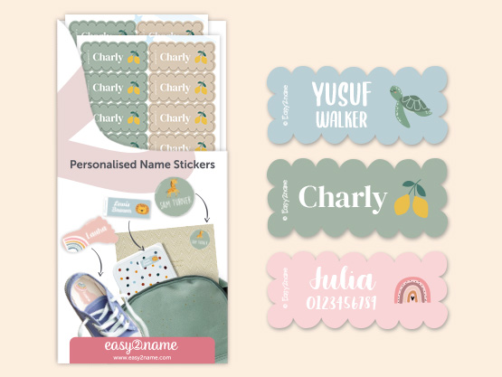Playful Wave Name Stickers with icons | Easy2Name